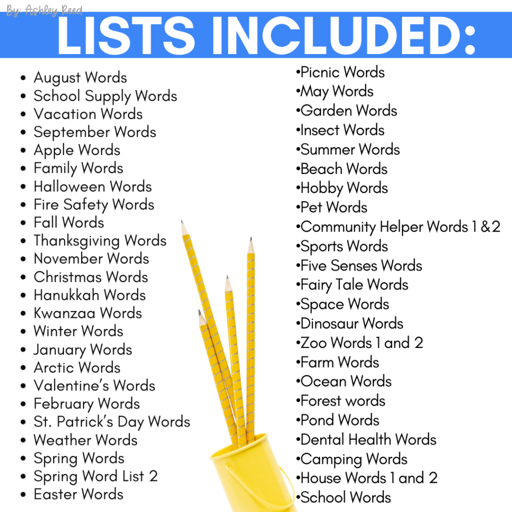 50 Themed Writing Center Word Lists for Preschool and K - Just Reed & Play